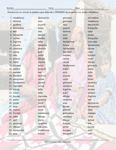 Free Time and Hobbies Alphabetical Order II Spanish Worksheet ...