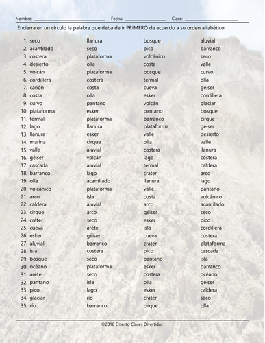 Geology and Planet Earth Alphabetical Order II Spanish Worksheet ...