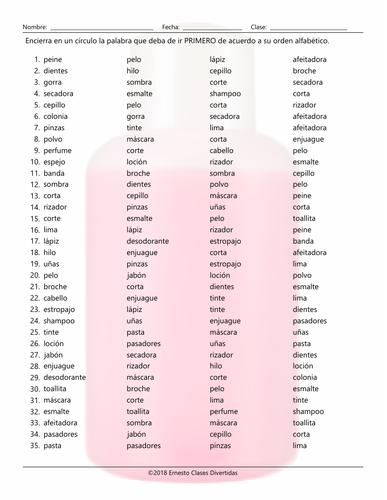 Health and Personal Hygiene Alphabetical Order II Spanish Worksheet ...