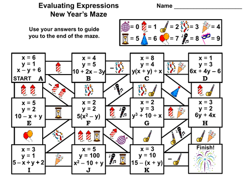 Evaluating Algebraic Expressions Activity: New Year's Math Maze ...