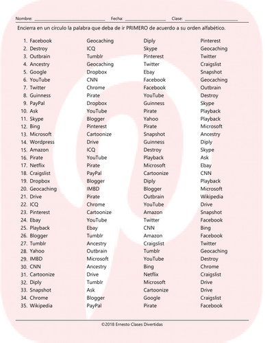 Internet Sites Alphabetical Order II Spanish Worksheet | Teaching Resources