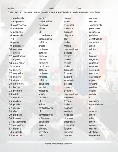 Jobs and Professions Alphabetical Order II Spanish Worksheet | Teaching ...