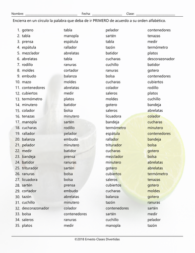 Kitchen Cookware and Utensils Alphabetical Order II Spanish Worksheet ...