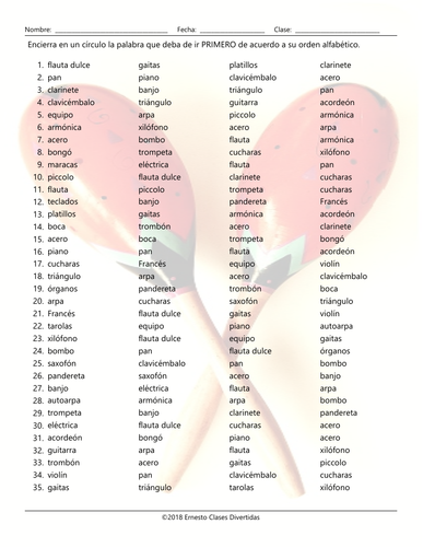 Musical Instruments Alphabetical Order II Spanish Worksheet | Teaching ... Musical Instruments Alphabetical Order II Spanish Worksheet | Teaching ...
