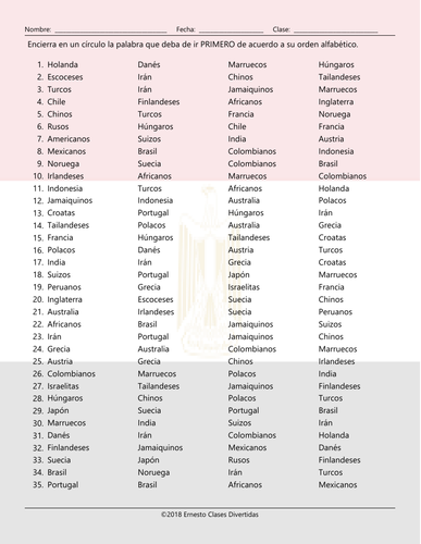 Origins and Nationalities Alphabetical Order II Spanish Worksheet ...
