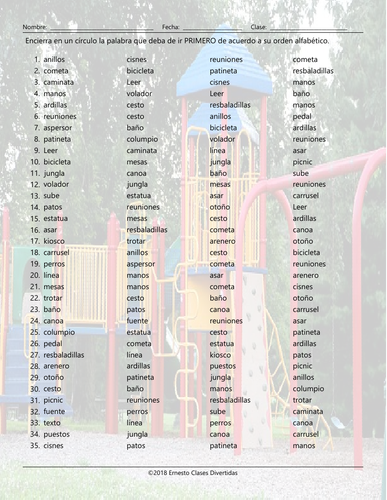 Park Things and Activities Alphabetical Order II Spanish Worksheet ...