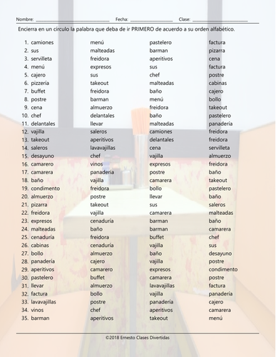 Restaurant Things and Activities Alphabetical Order II Spanish ...