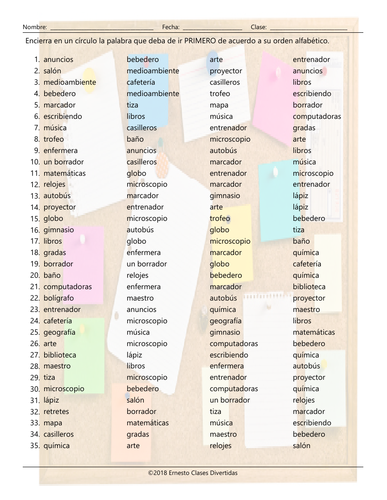 School Items, Places, and Subjects Alphabetical Order II Spanish ...