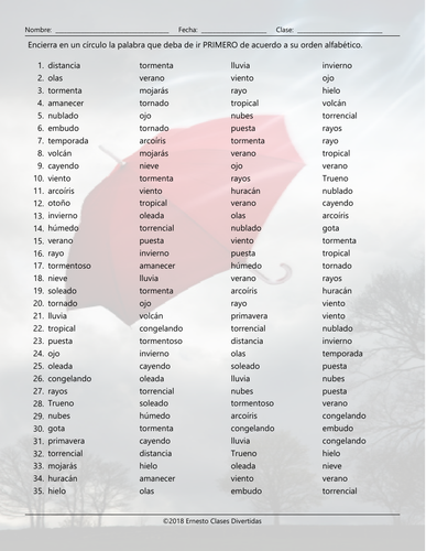 Seasons and Weather Alphabetical Order II Spanish Worksheet | Teaching ...