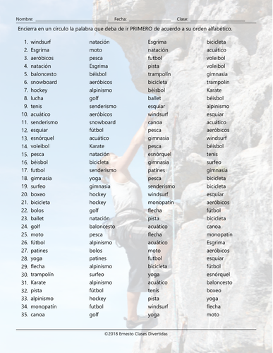 Sports and Exercise Alphabetical Order II Spanish Worksheet | Teaching ...