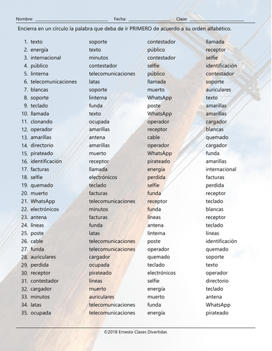 Telephones Alphabetical Order II Spanish Worksheet | Teaching Resources Telephones Alphabetical Order II Spanish Worksheet | Teaching Resources