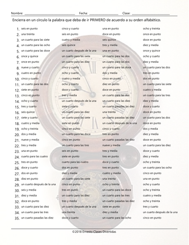 Telling Time Alphabetical Order II Spanish Worksheet | Teaching Resources