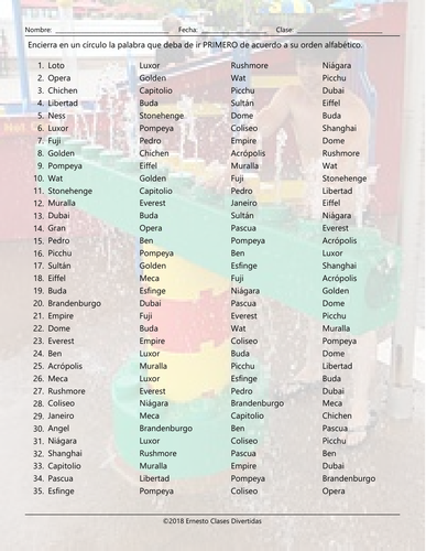 Tourist Attractions Around Alphabetical Order II Spanish Worksheet ...