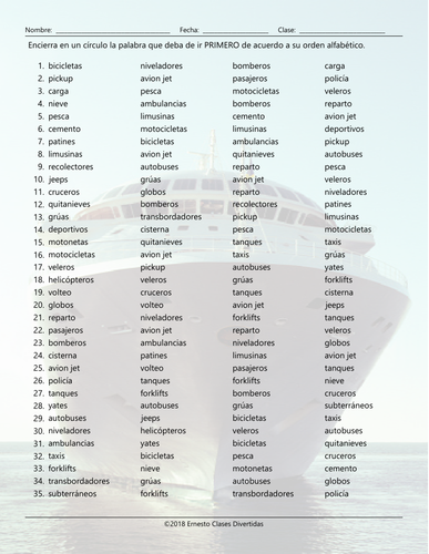 Transportation and Vehicles Alphabetical Order II Spanish Worksheet ...