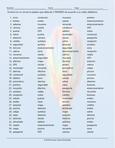 Travel Items and Modes Alphabetical Order II Spanish Worksheet ...