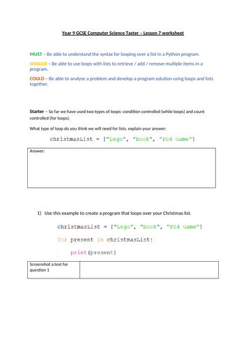 Python Programming Looping Over Lists Teaching Resources 