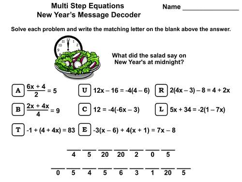 Solving Multi Step Equations New Year's Math Activity: Message Decoder ...