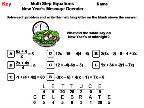 Solving Multi Step Equations New Year's Math Activity: Message Decoder ...