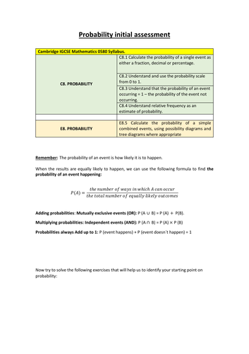 PROBABILITY INITIAL ASSESSMENT. IGCSE MATHEMATICS. | Teaching Resources PROBABILITY INITIAL ASSESSMENT. IGCSE MATHEMATICS. | Teaching Resources