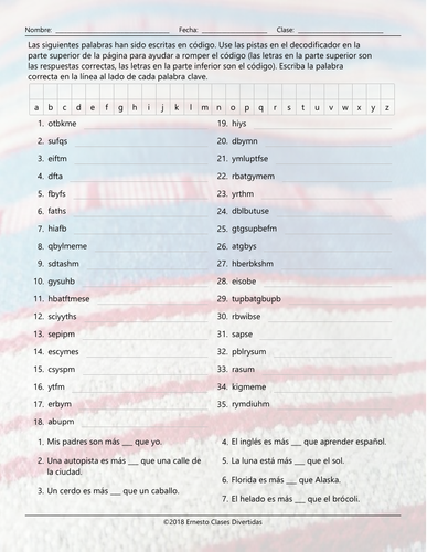 Comparative Adjectives Decoder Box Spanish Worksheet | Teaching Resources