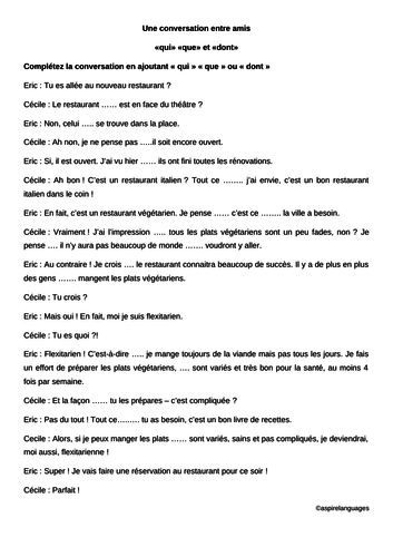 'Une conversation entre amis' using qui, que, dont - Relative Pronoun ...