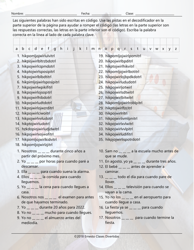 Future Perfect Continuous Tense Decoder Box Spanish Worksheet ...