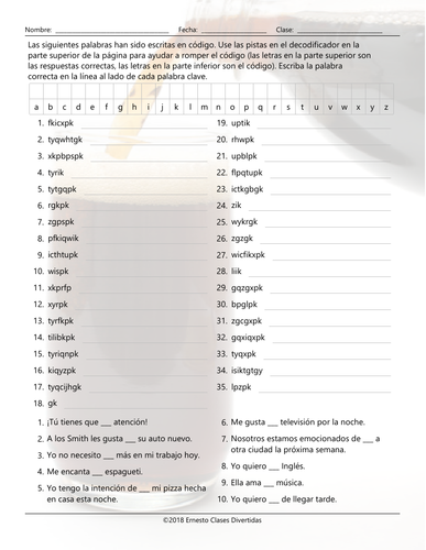 Infinitives Decoder Box Spanish Worksheet | Teaching Resources