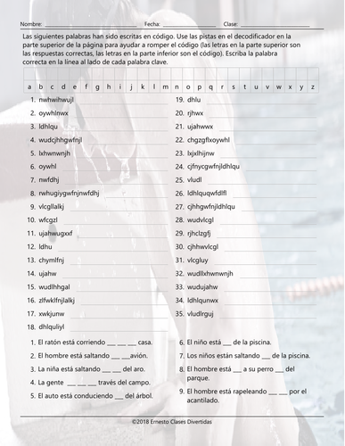 Movement Prepositions Decoder Box Spanish Worksheet | Teaching Resources