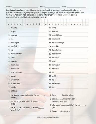 Possessive Adjectives Decoder Box Spanish Worksheet | Teaching Resources