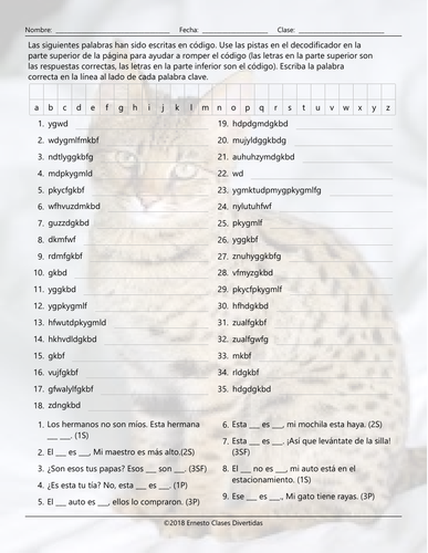 Possessive Pronouns Decoder Box Spanish Worksheet | Teaching Resources