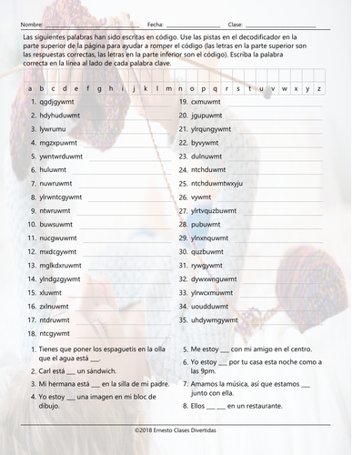 Present Continuous Tense Decoder Box Spanish Worksheet | Teaching Resources