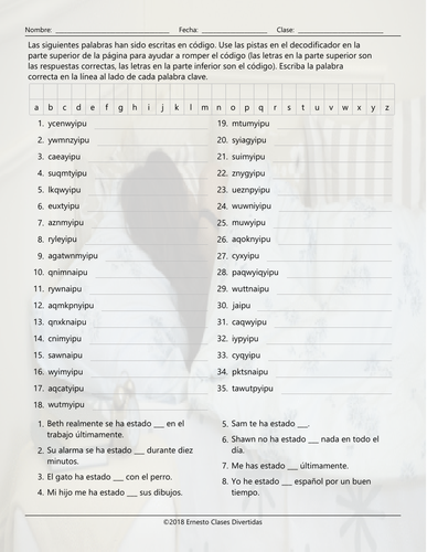 Present Perfect Continuous Tense Decoder Box Spanish Worksheet ...