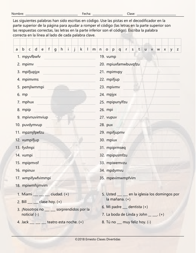 Present Simple with Verbs Ser and Estar Decoder Box Spanish Worksheet ...