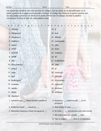 Reflexive and Reciprocal Pronouns Decoder Box Spanish Worksheet ...