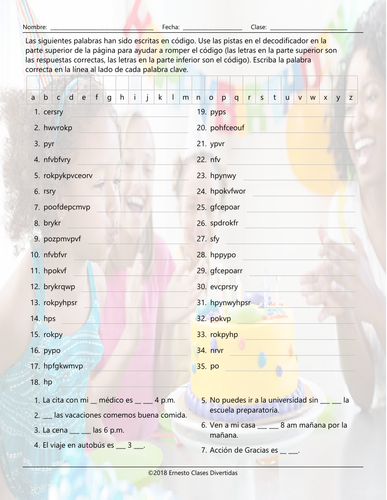 Time Prepositions Decoder Box Spanish Worksheet | Teaching Resources