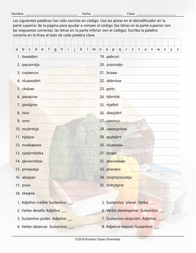 Word Forms Decoder Box Spanish Worksheet | Teaching Resources