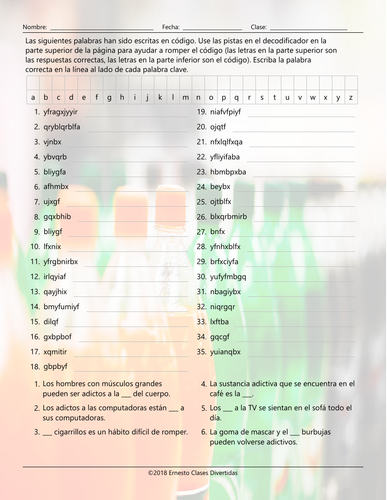 Bad Habits and Addictions Decoder Box Spanish Worksheet | Teaching ...
