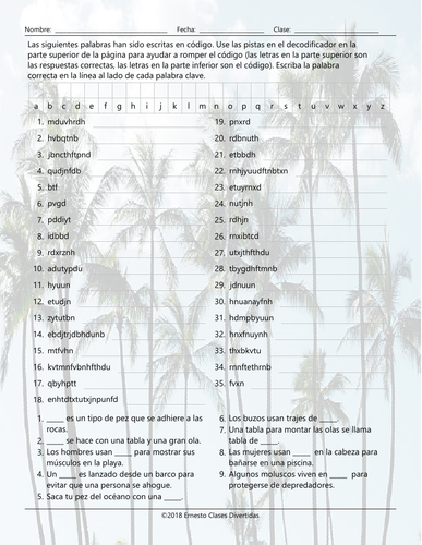 Beach Things and Activities Decoder Box Spanish Worksheet | Teaching ...