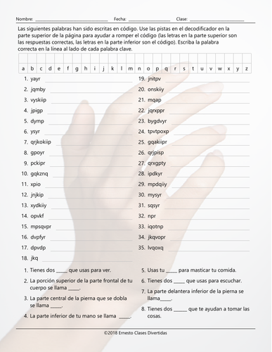 Body Parts Decoder Box Spanish Worksheet | Teaching Resources