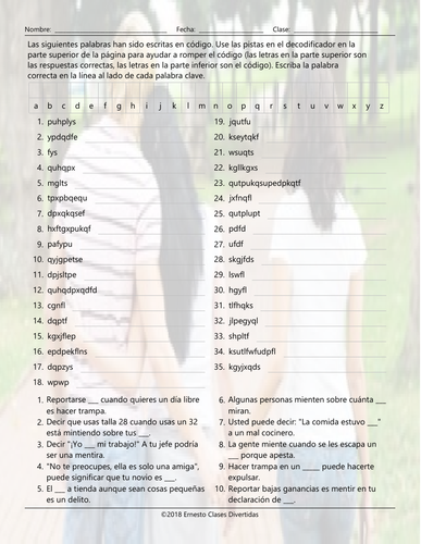 Cheaters and Dishonesty Decoder Box Spanish Worksheet | Teaching Resources