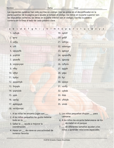 Childhood Activities Decoder Box Spanish Worksheet | Teaching Resources