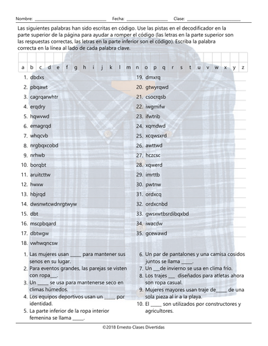 Clothing Items Decoder Box Spanish Worksheet | Teaching Resources