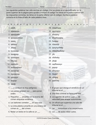 Crime, Law Enforcement, and Courts Decoder Box Spanish Worksheet ...
