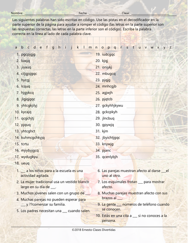 Dating and Marriage Decoder Box Spanish Worksheet | Teaching Resources