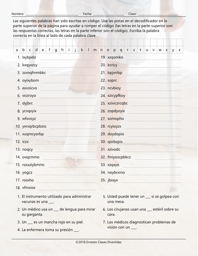 Doctor's, Illnesses, and Injuries Decoder Box Spanish Worksheet ...