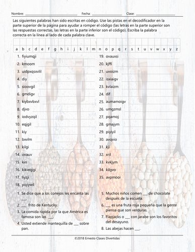 Food Items Decoder Box Spanish Worksheet | Teaching Resources