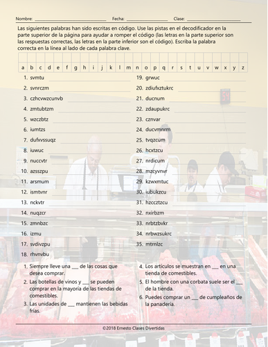 Grocery Shopping Decoder Box Spanish Worksheet | Teaching Resources