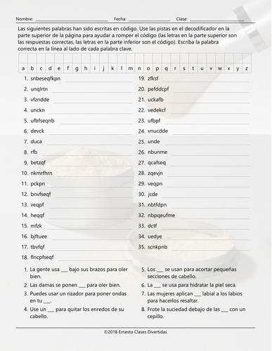 Health and Personal Hygiene Decoder Box Spanish Worksheet | Teaching ...