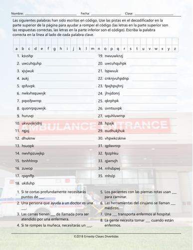 Hospitals and Injuries Decoder Box Spanish Worksheet | Teaching Resources