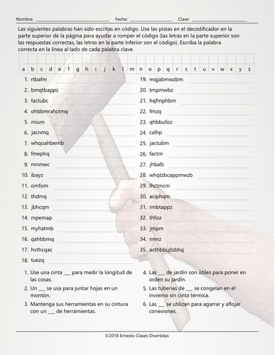 House Repairs, Tools, and Supplies Decoder Box Spanish Worksheet ...